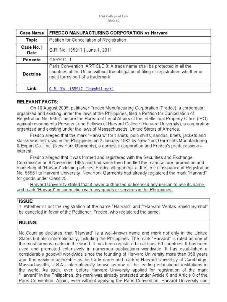 Fredco Manufacturing Corporation Vs President and Fellows of Harvard ...