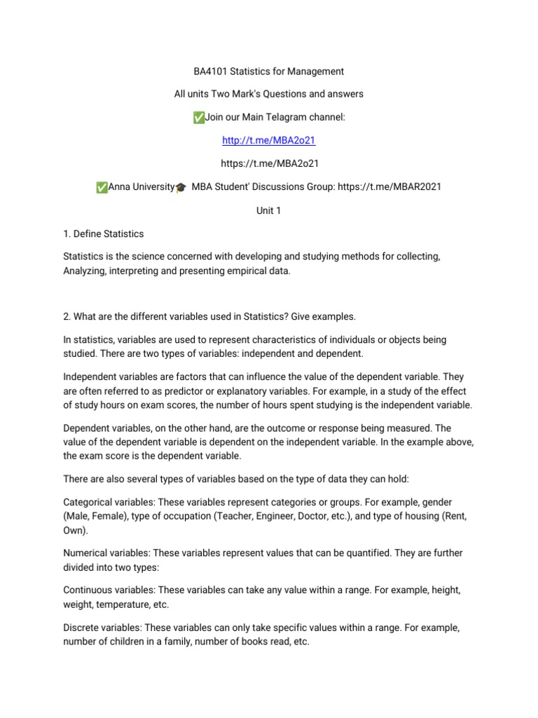 BA4101 - Statistics - For - Management All - Units - Two - Mark's - Questions - and Answers ...