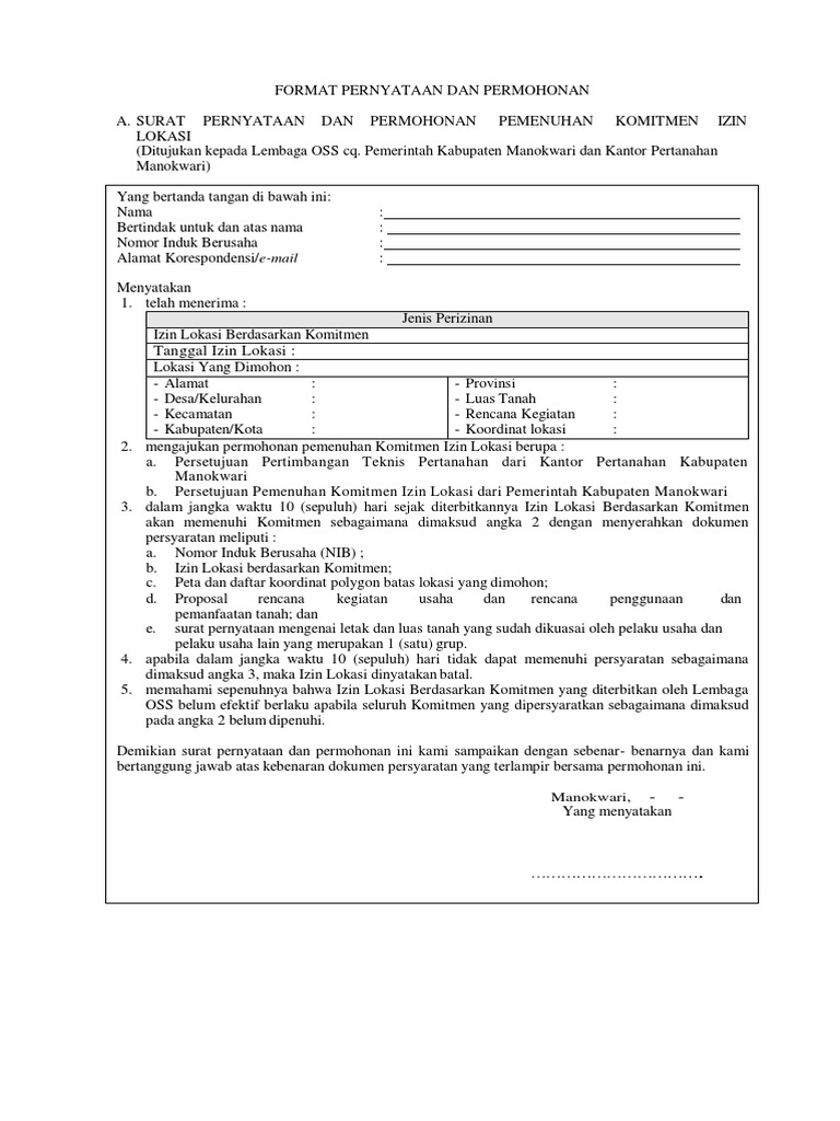 FORMAT PERNYATAAN PERMOHONAN IZIN LOKASI LUAS + 1 HA | PDF