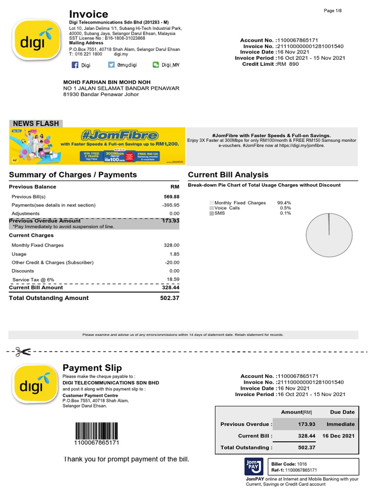 Payment Slip: Summary of Charges / Payments Current Bill Analysis | PDF ...