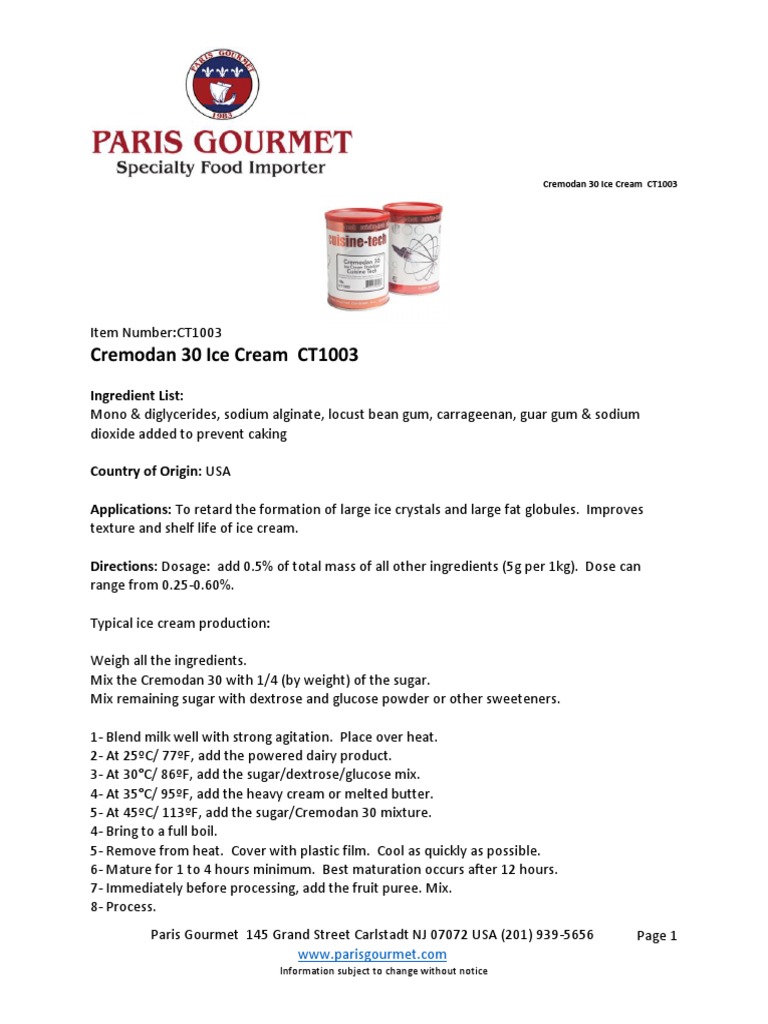 Paris Gourmet - CT1003 Cremodan 30 Ice Cream Stabilizer and Emulsifier ...