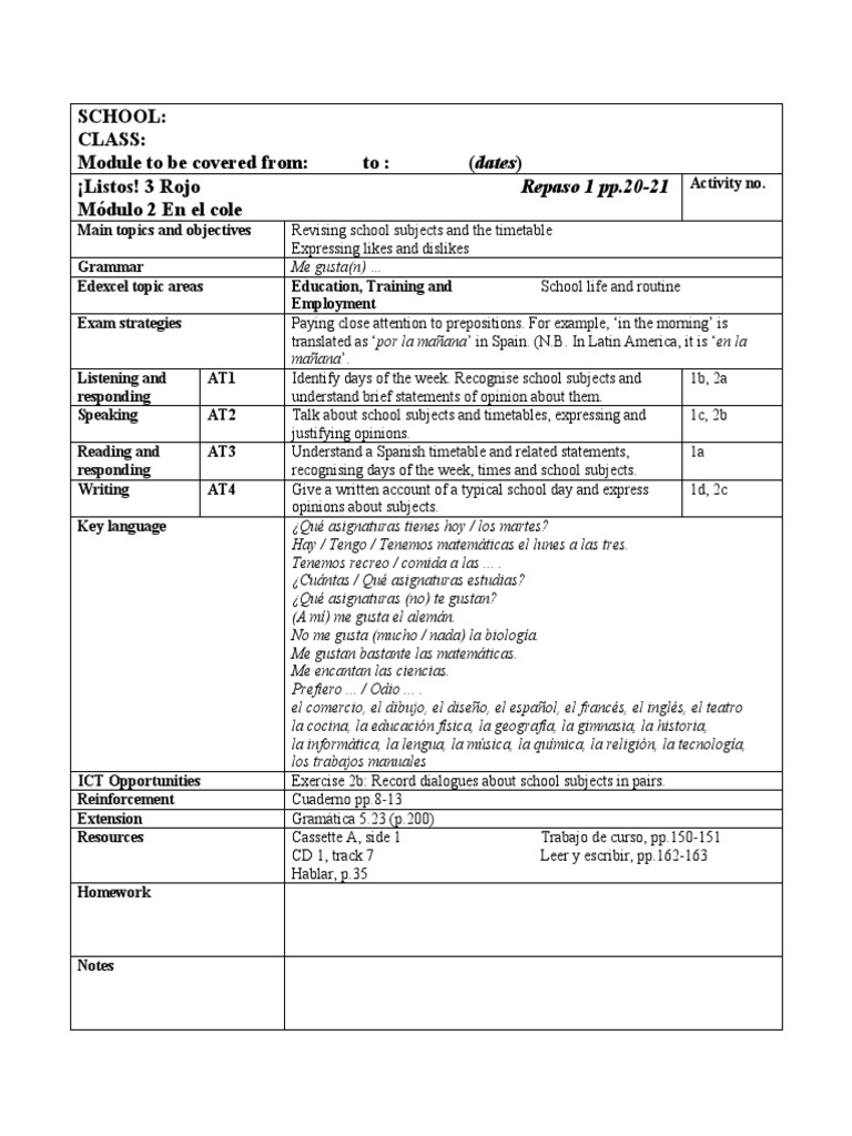 School: Class: Module To Be Covered From: To: (Dates) ¡Listos! 3 Rojo ...