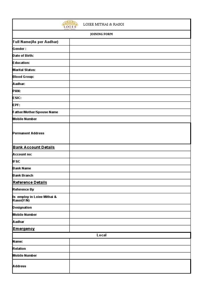 Employee Joining Form Template | PDF | Career & Growth