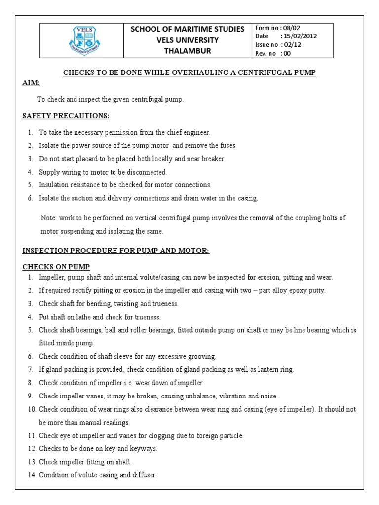 Centrifugal Pump Overhauling Checklist | PDF | Pump | Electric Motor