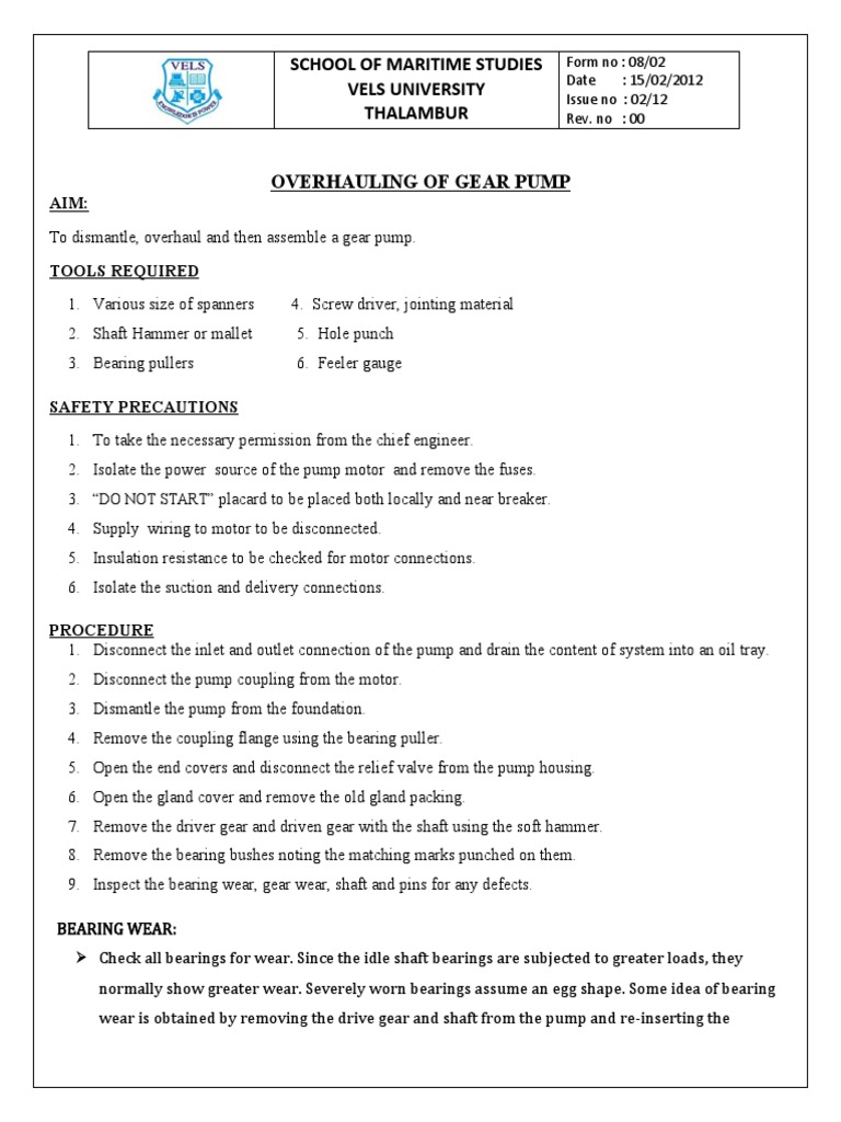 Gear Pump Overhauling Procedure | PDF | Gear | Pump