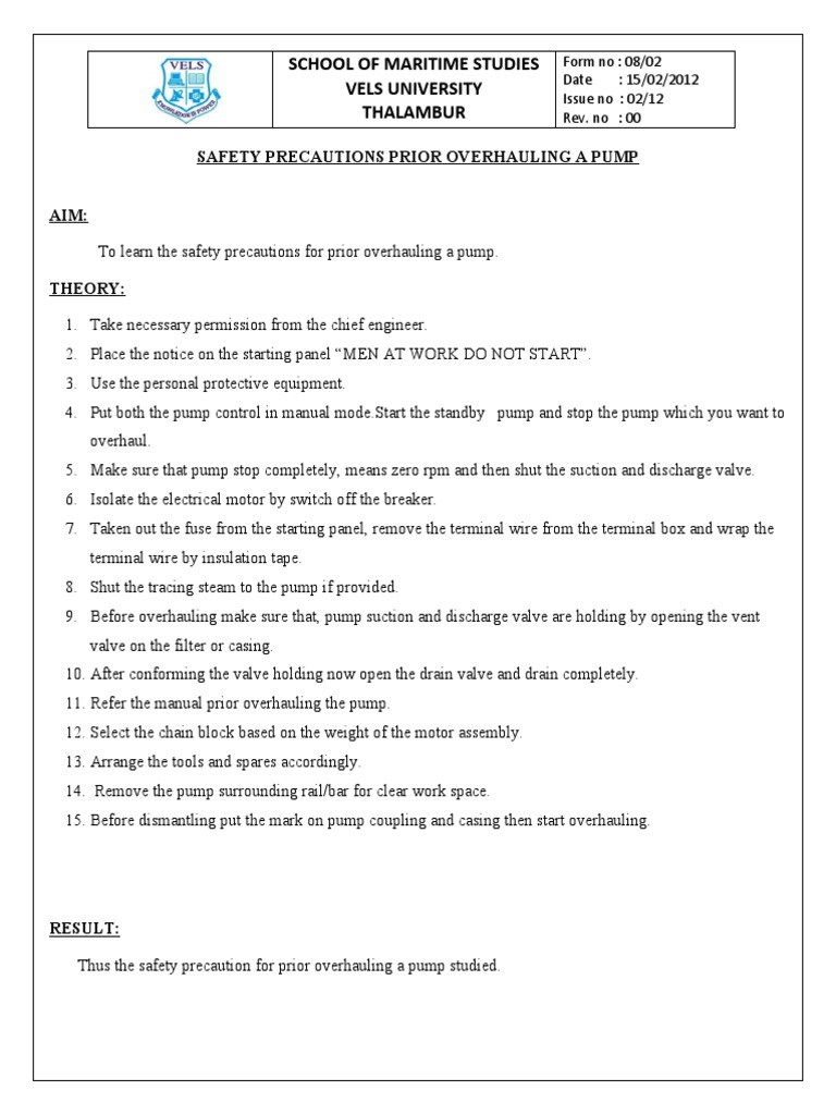 5 Safety Precautions Prior Overhauling A Pump | PDF
