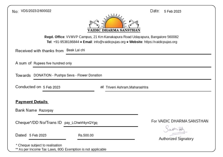 Donation Receipt for Flower Seva | PDF