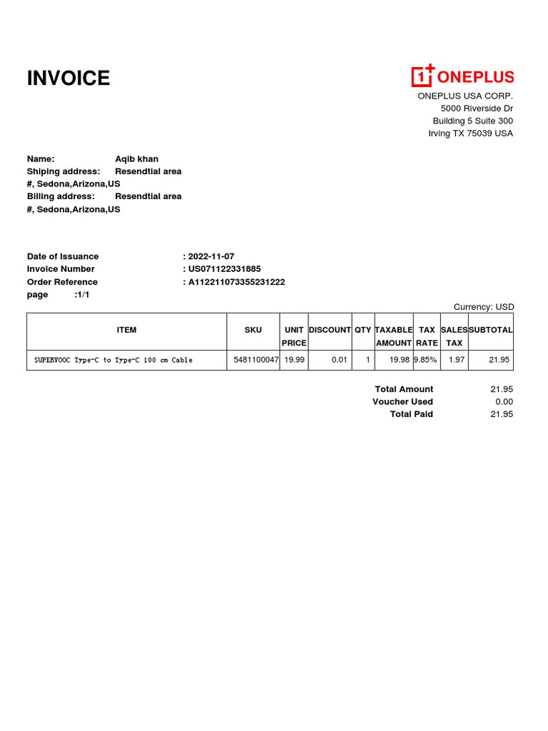 Invoice for OnePlus USA Corp. | PDF