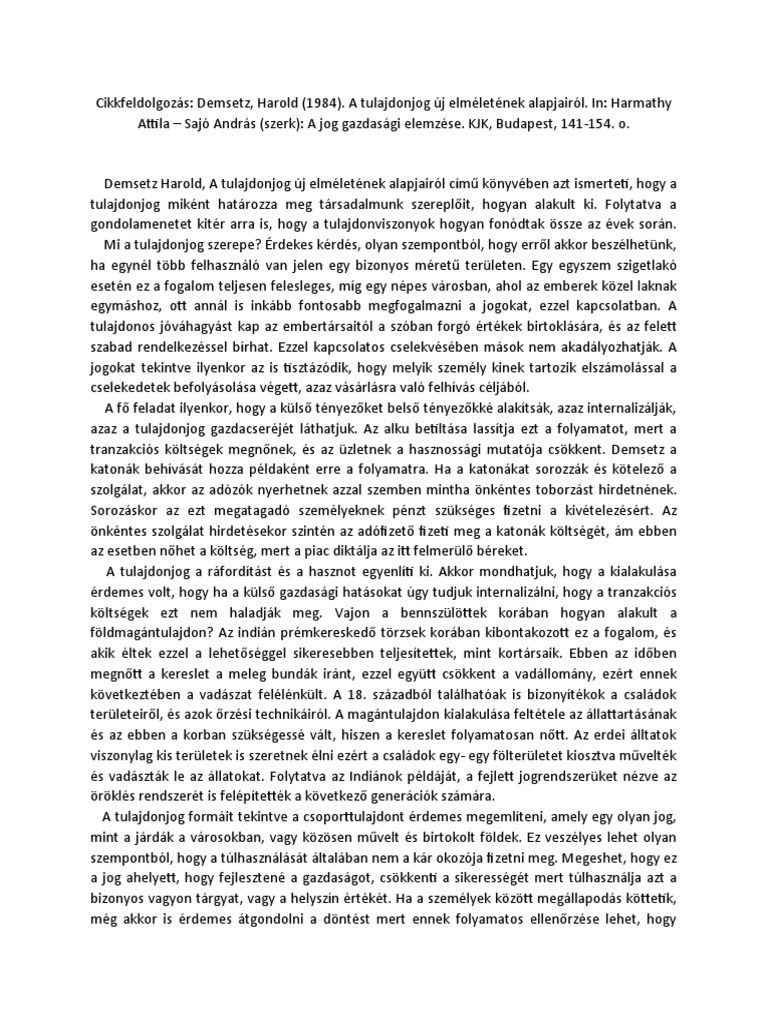 Demsetz, Harold (1984) - A Tulajdonjog Új Elméletének Alapjairól | PDF