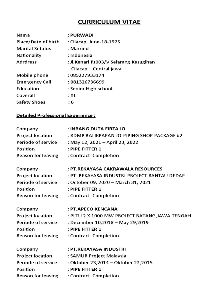 CV Purwadi Pipe Fitter-2 | PDF | Technology & Engineering