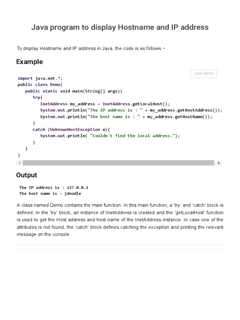 Java Program To Display Hostname and IP Address | PDF