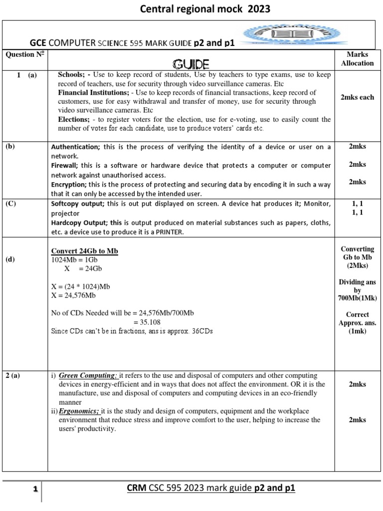 Gce Computer p2 and p1: Science 595 Mark Guide | PDF | Computer Data Storage | Computer Network