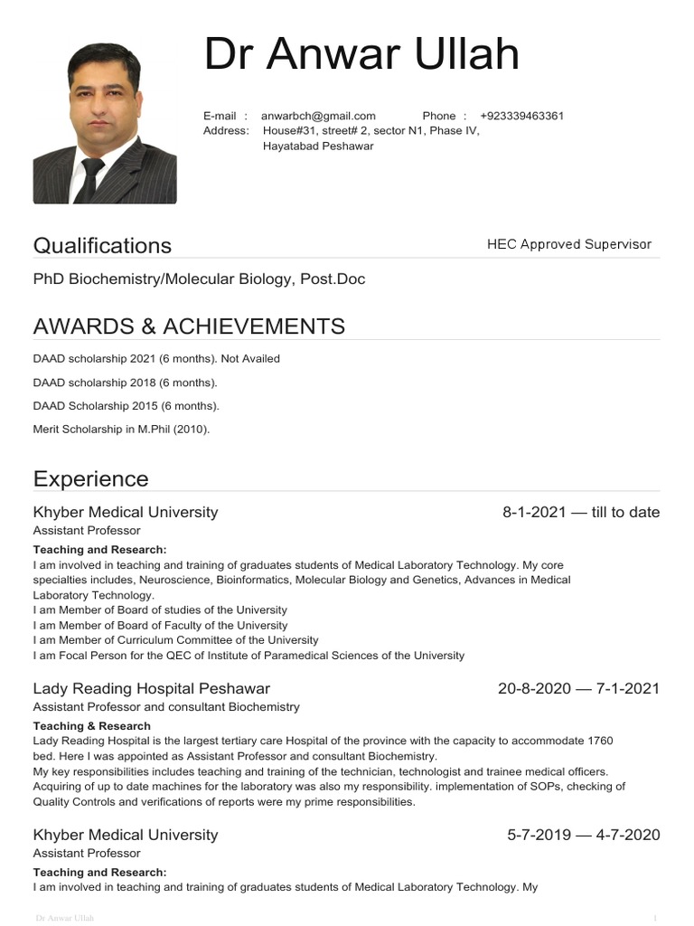 DR Anwar Ullah CV | PDF | Dna Sequencing | Medical School