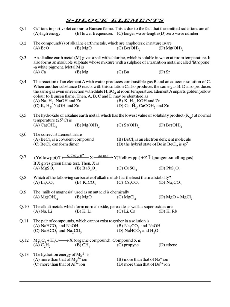 S-Block Elements 13th (Q.B.) | Download Free PDF | Hydroxide | Magnesium