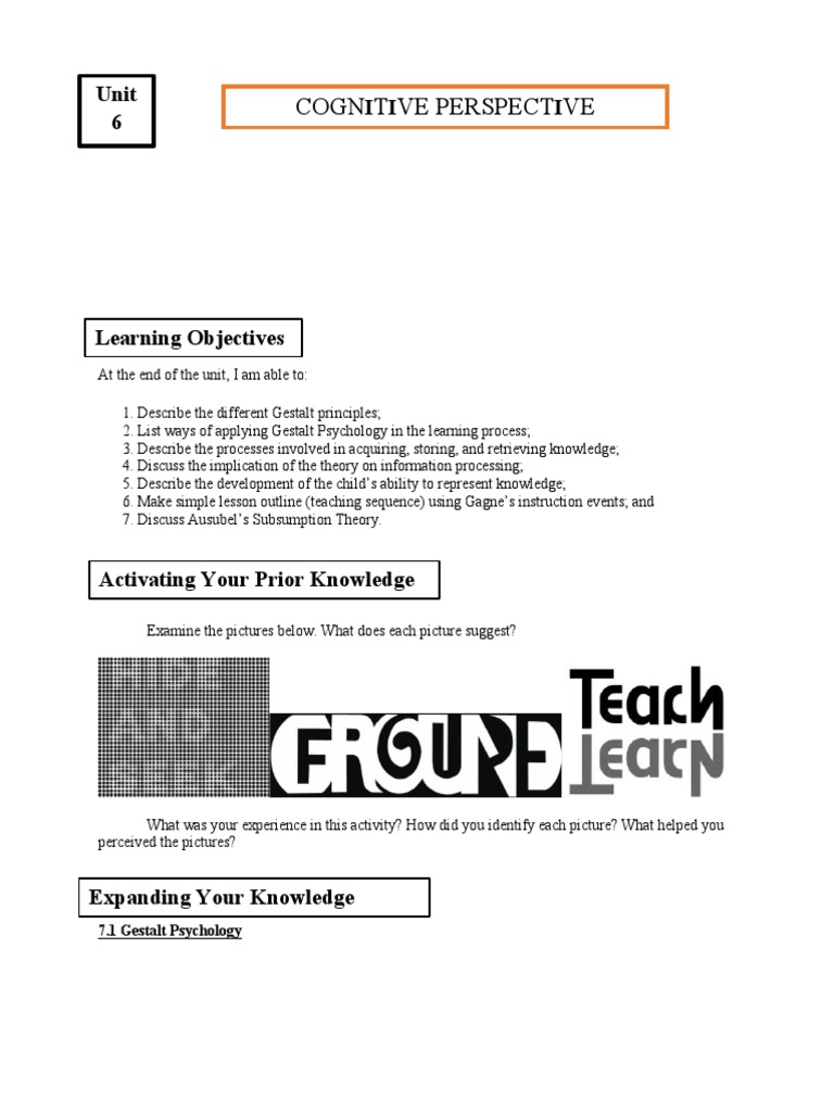 UNIT 6 COGNITIVE PERSPECTIVE Students | PDF | Learning | Perception