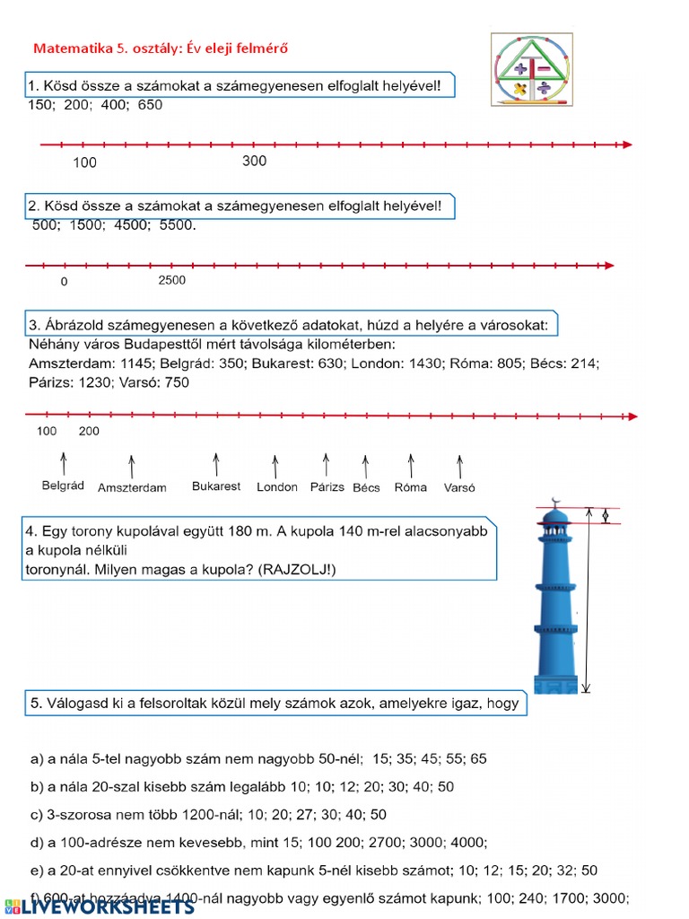 Matematika 5. Osztály: Év Eleji Felmérő | PDF