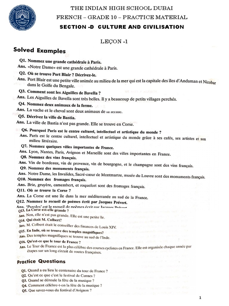 Grade 10 French Culture Practice Material | PDF | Foreign Language Studies