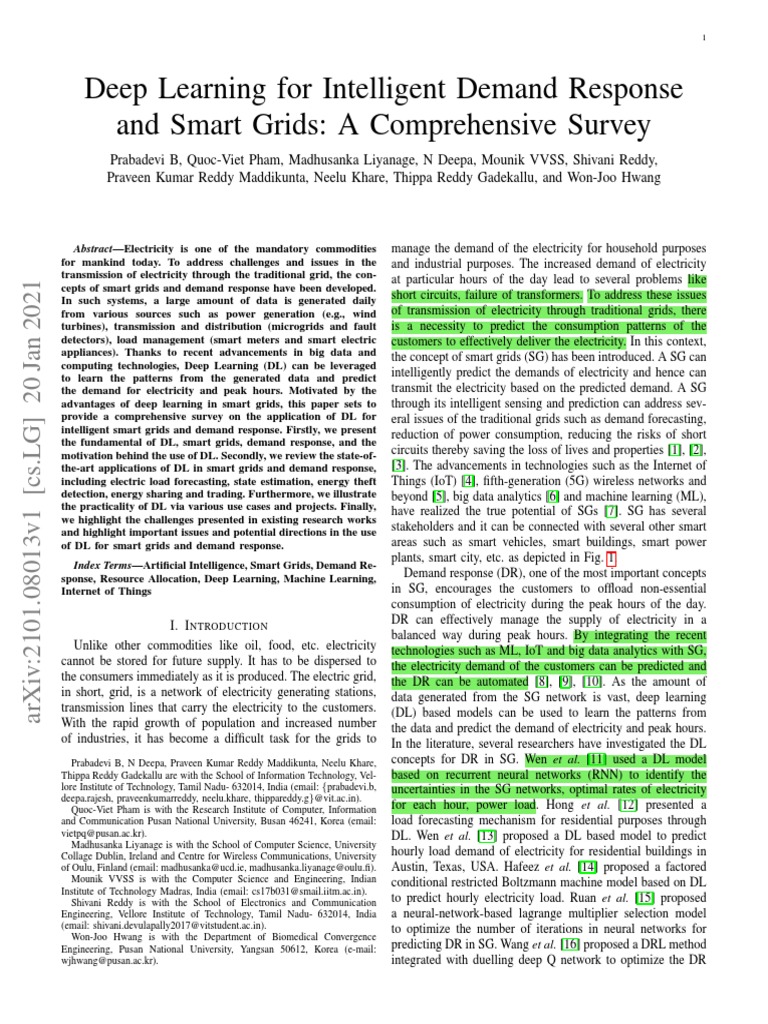 Deep Learning For Intelligent Demand Response and Smart Grids: A Comprehensive Survey | PDF ...