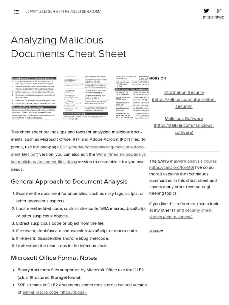 Analyzing Malicious Documents Cheat Sheet | PDF | Microsoft Excel | Zip (File Format)