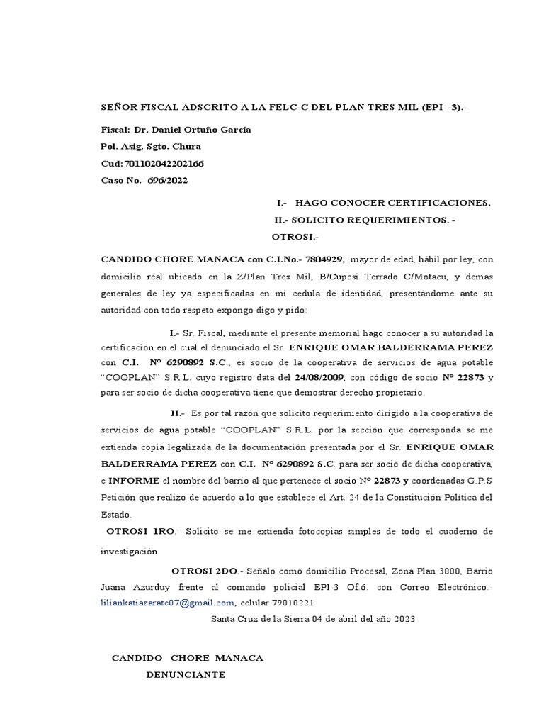 Hace Conocer Candido Choque Manaca Felcc | PDF