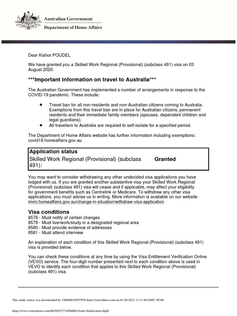 Subclass 491 Visa Grant Notification | PDF | Travel Visa | Employment