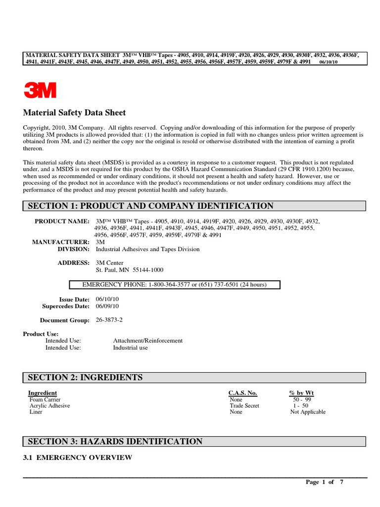 MSDS VHB | PDF | Waste Management | Incineration