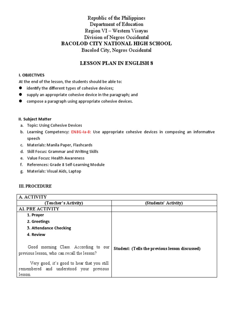 Cohesive Devices Lesson Plan for Grade 8 | PDF | Linguistics ...