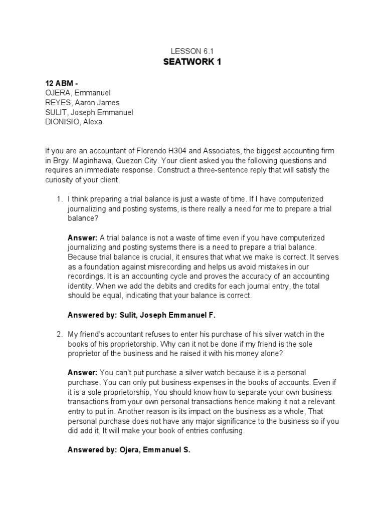 LESSON 6 Seatwork 1 | PDF | Debits And Credits | Receipt