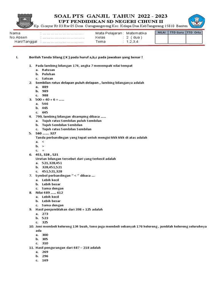 Soal Pts Ganjil Tahun 2022 - 2023: Upt Pendidikan SD Negeri Cihuni Ii | PDF