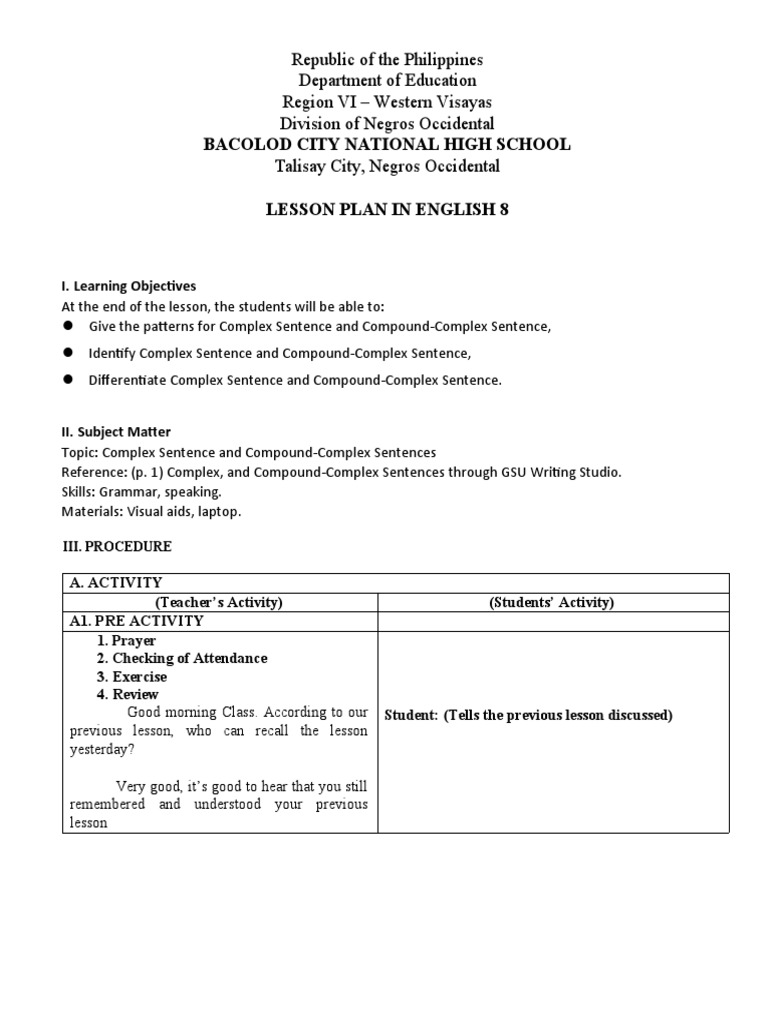 Complex and Compound Complex Sentence Lesson Plan | PDF | Sentence ...