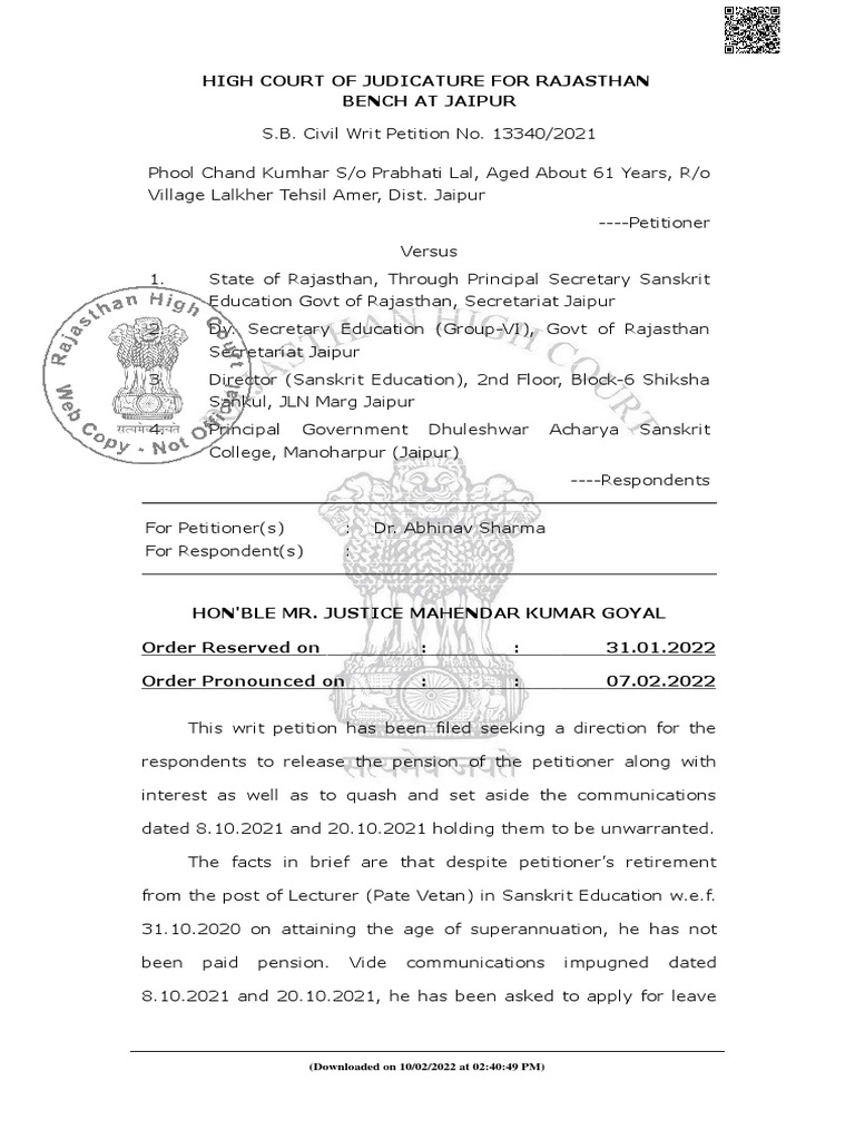 High Court of Judicature For Rajasthan Bench at Jaipur: (Downloaded On ...