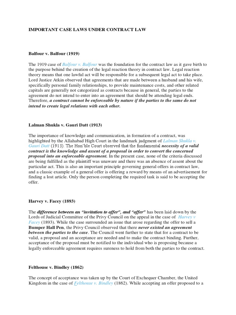 Important Case Laws Under Contract Law | PDF | Negligence | Duty Of Care