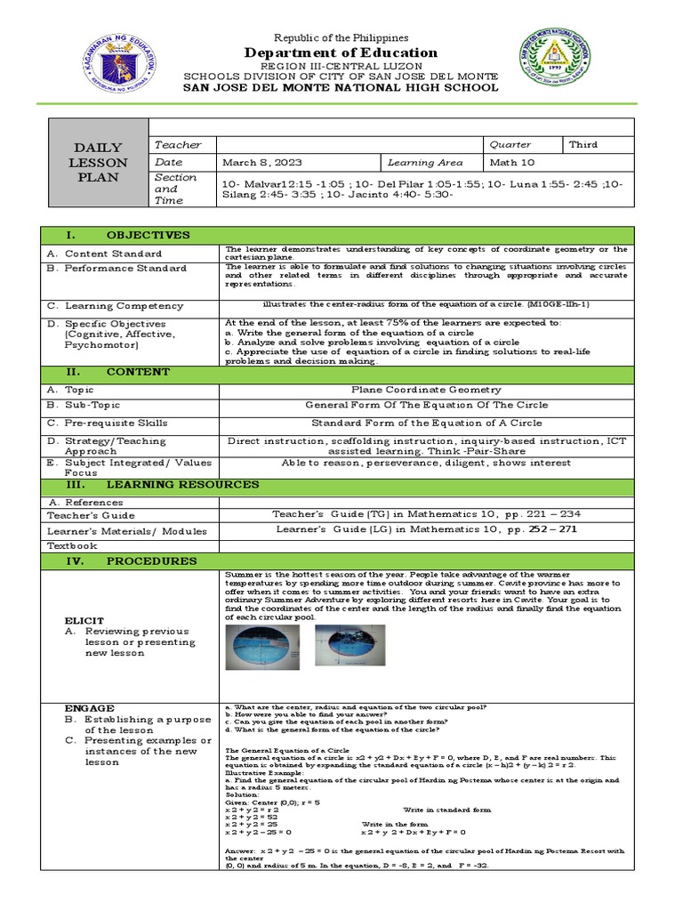 General Form of Circle Equation Lesson | PDF | Equations | Circle