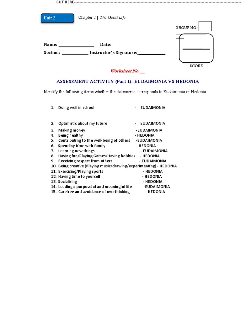 Eudaimonia vs Hedonia Assessment Worksheet | PDF | Psychology | Cognition