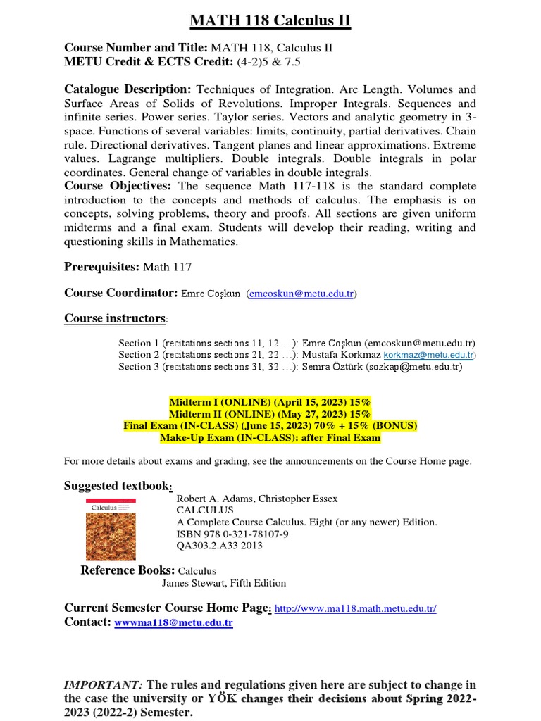 MATH 118: Advanced Calculus II Course | PDF | Derivative | Integral
