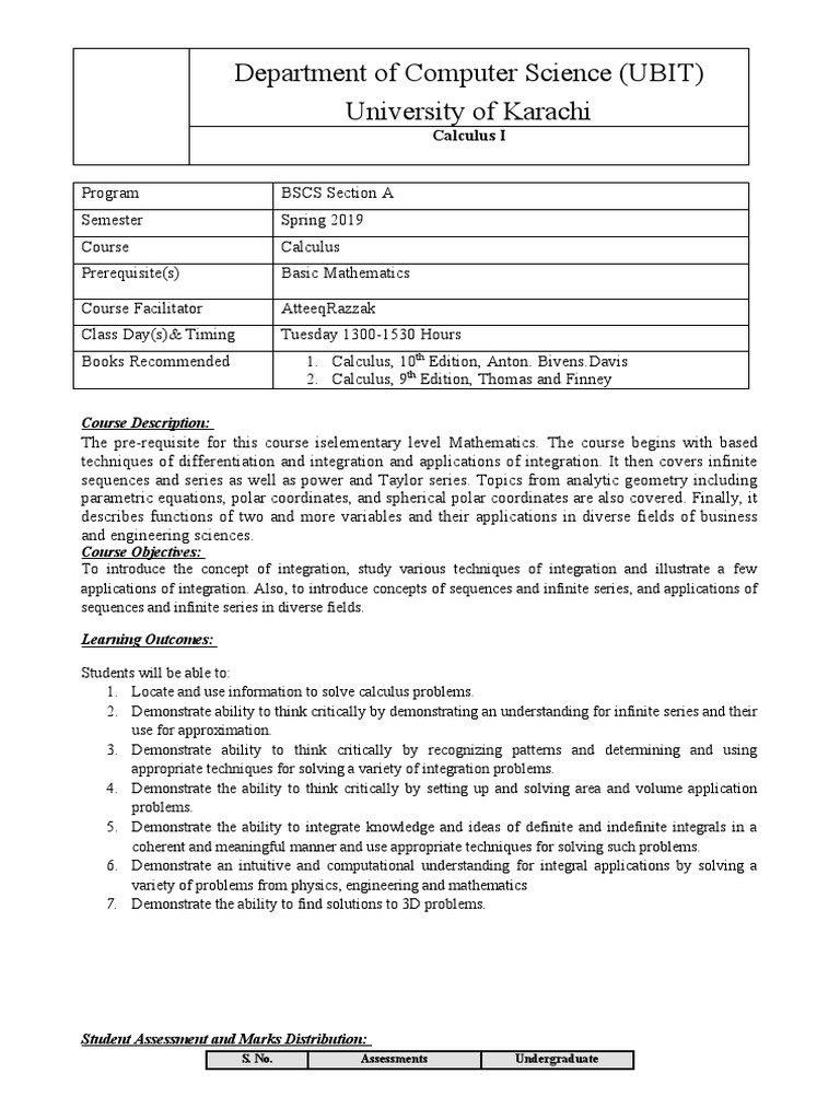 COURSE OUTLINE Calculus UBIT | PDF | Integral | Calculus