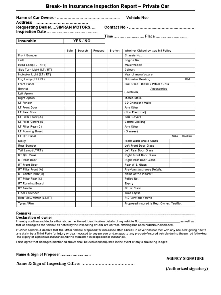 Break-In Insurance Inspection Report | PDF | Car | Product Introductions