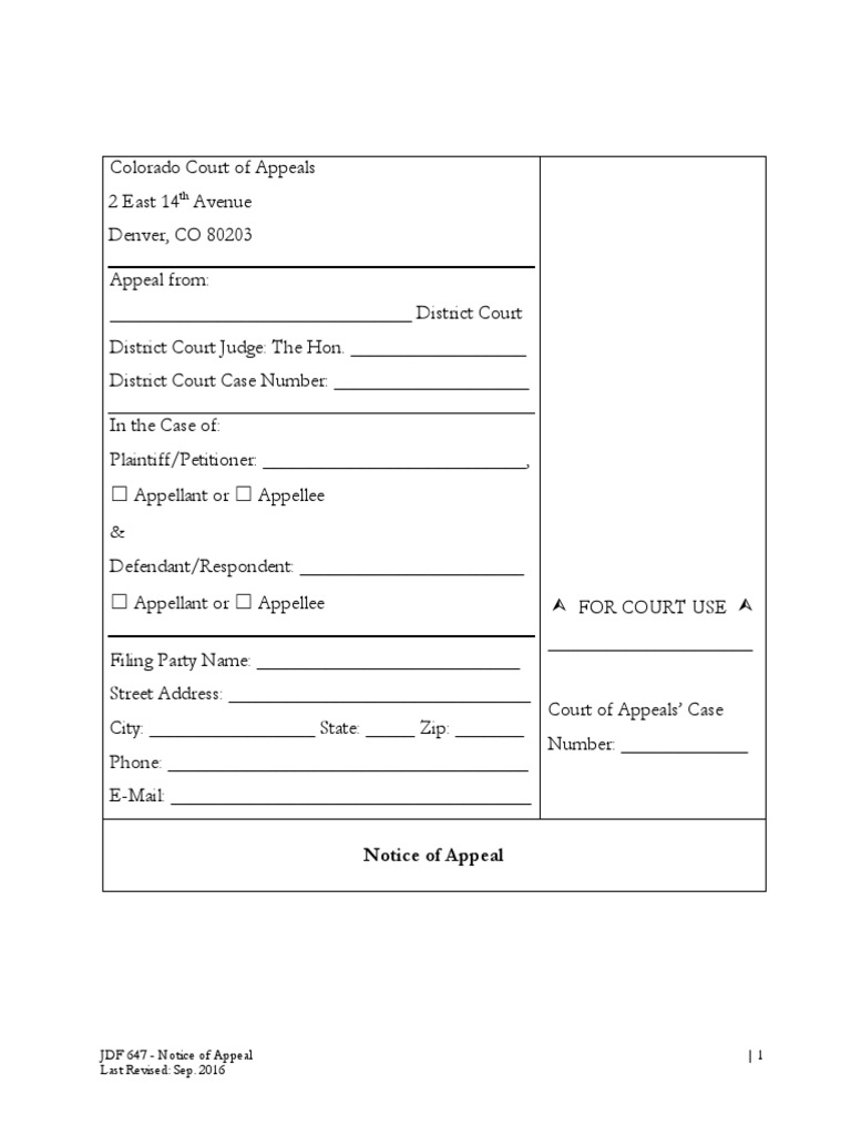JDF 647 Notice of Appeal | PDF | Appeal | United States District Court