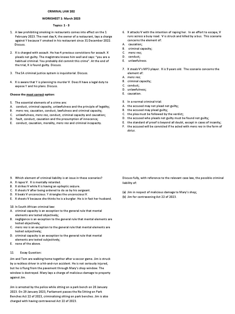 CRL202 Worksheet 1 Topics 1 To 3 March 2023 | PDF | Mens Rea | Criminal Law