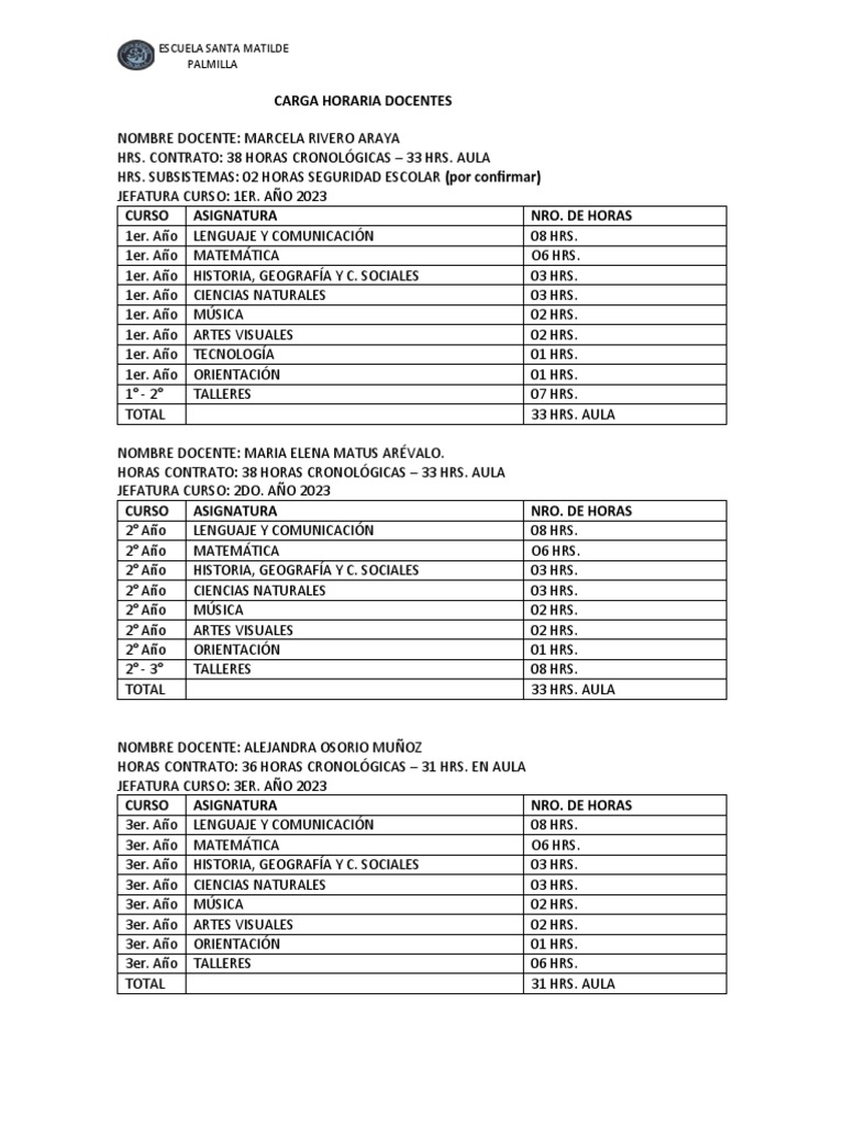 Carga Horaria Docentes Escuela Santa Matilde Palmilla Pdf Science