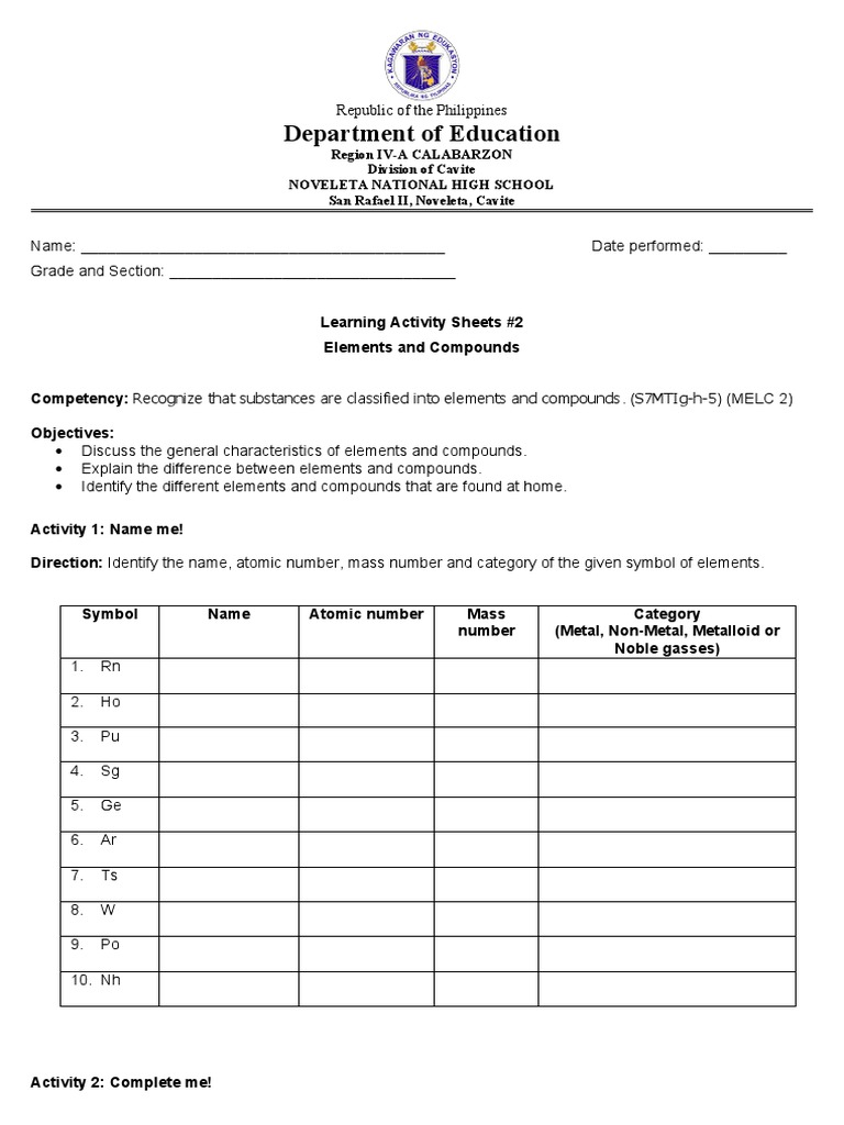 Q1 LAS#2 Element and Compound | PDF | Chemical Compounds | Chemical ...