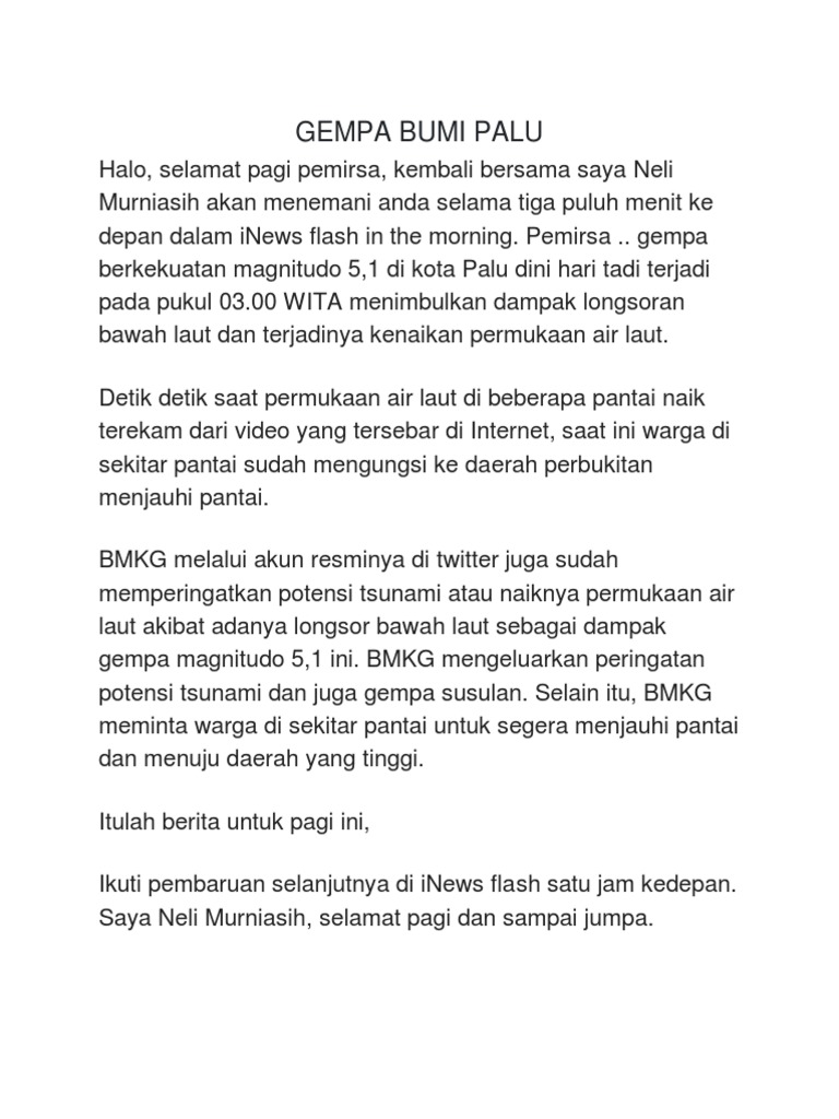 Script Berita (Gempa Palu) | PDF