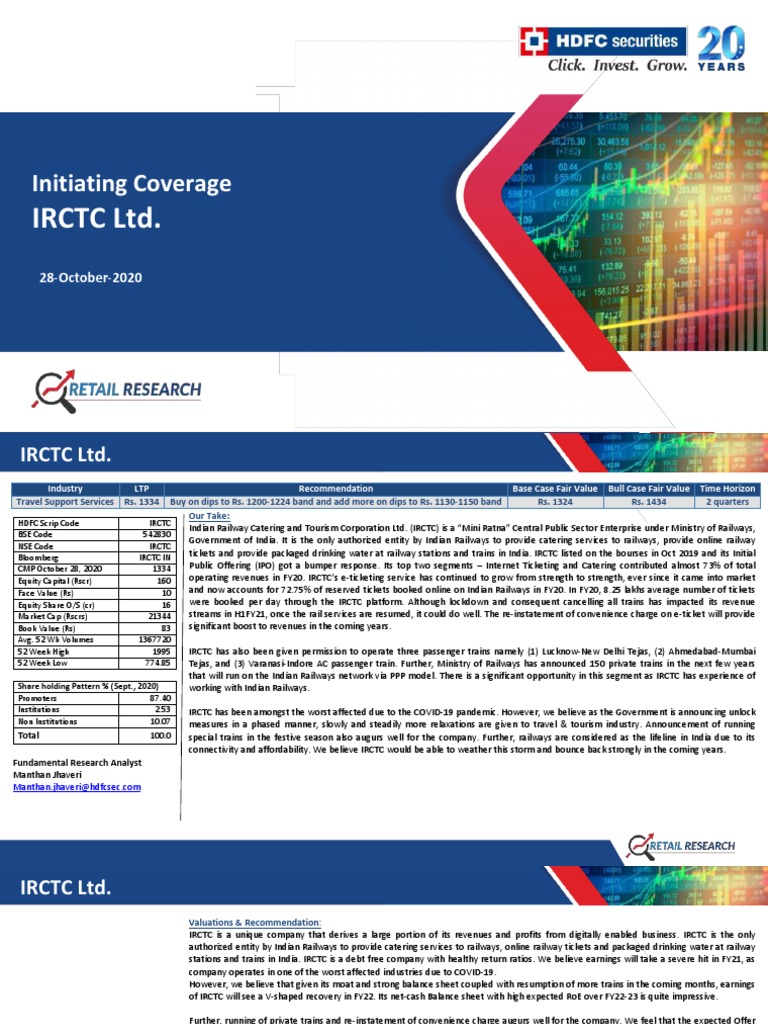 IRCTC Ltd. - Initiating Coverage - 28102020 | PDF | Finance & Money ...