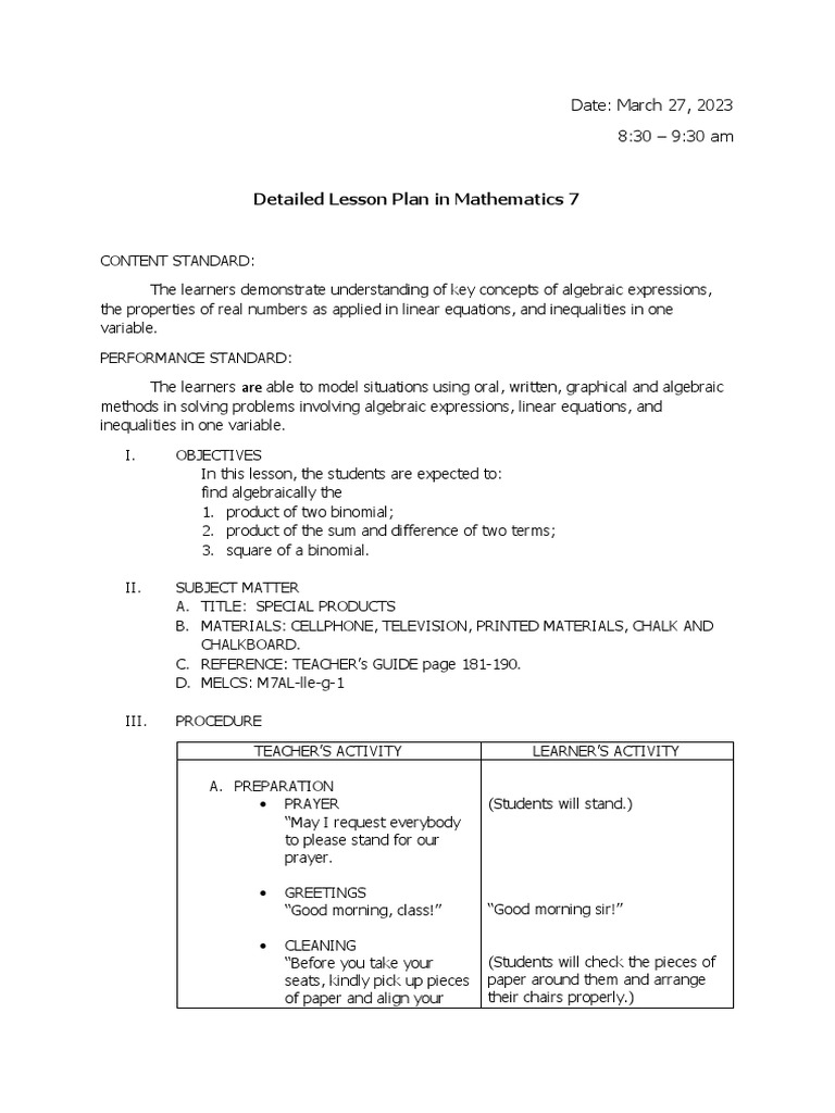 Detailed - Lesson - Plan - in - Math - 7 - Special Products - of ...