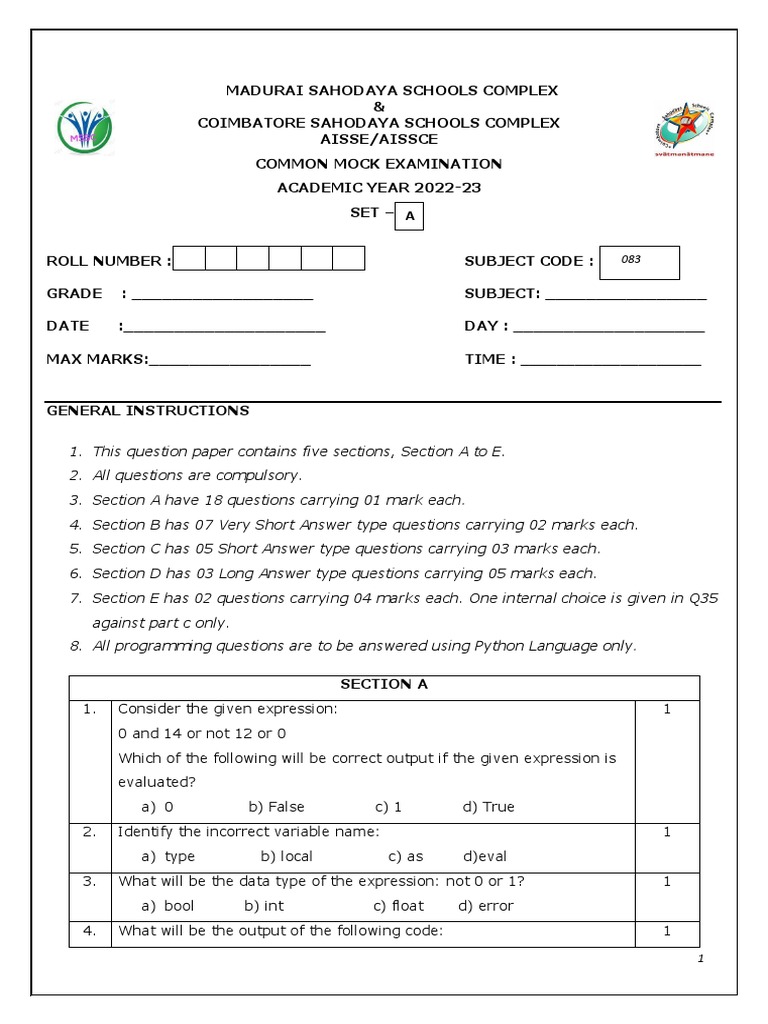Sample Paper 1 For Solving | PDF | Computer Program | Programming