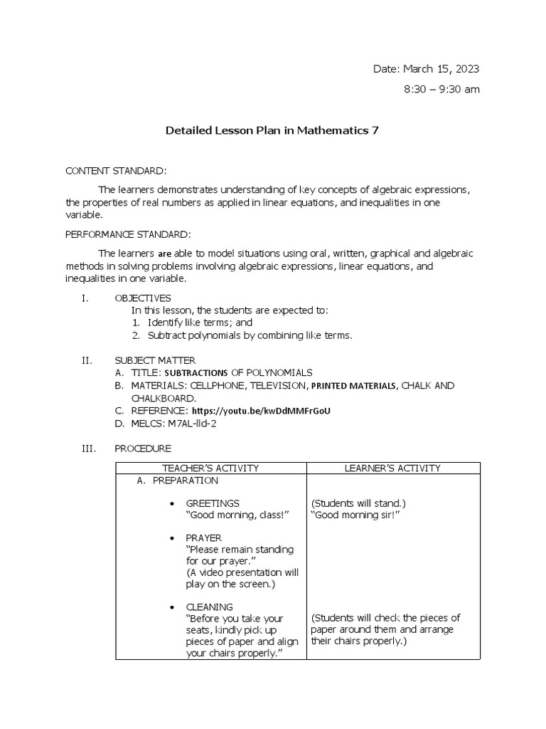 Detailed Lesson Plan in Math 7 Subtraction of Polynomials | PDF | Subtraction | Polynomial