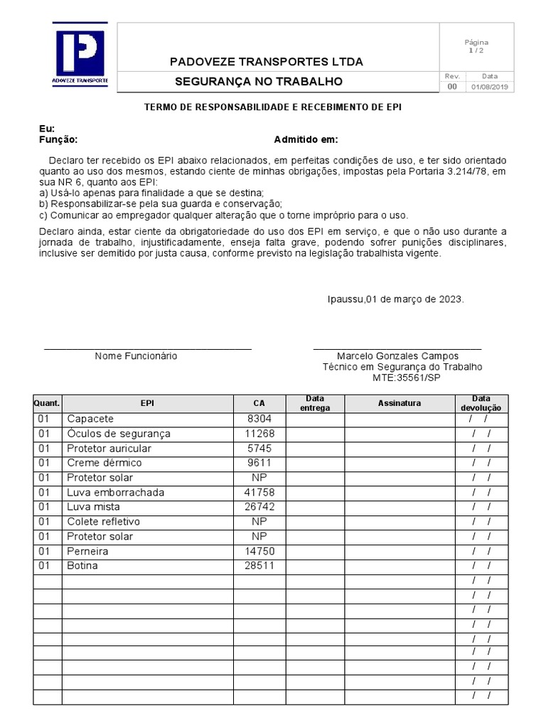 Termo de recebimento de equipamentos de proteção individual (EPI) por ...