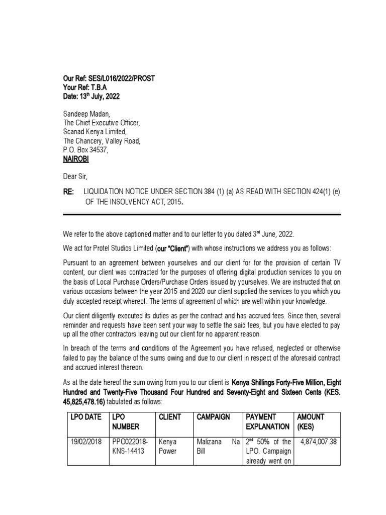 Liquidation Notice - Protel Studios Limited - Vs - Scanad Kenya Limited Final | PDF | Private ...