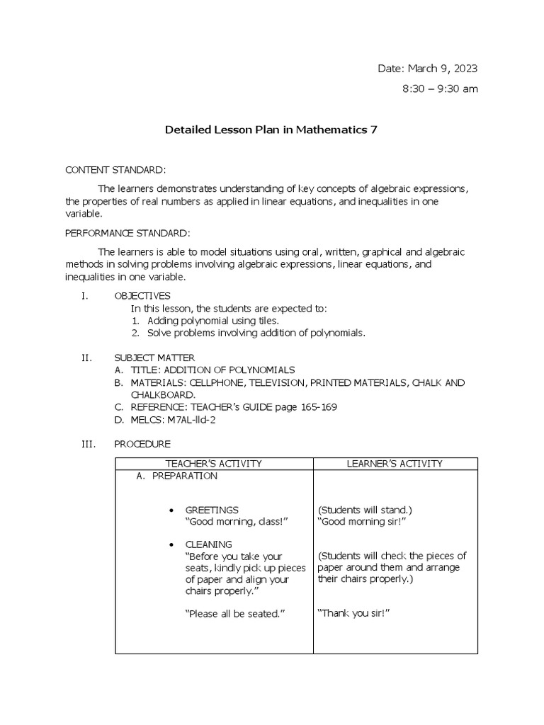 Detailed Lesson Plan in Math 7 Addition of Polynomials | PDF ...