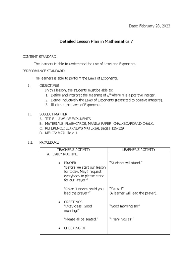 Class 7 Laws of Exponents Lesson Plan | PDF | Exponentiation | Numbers